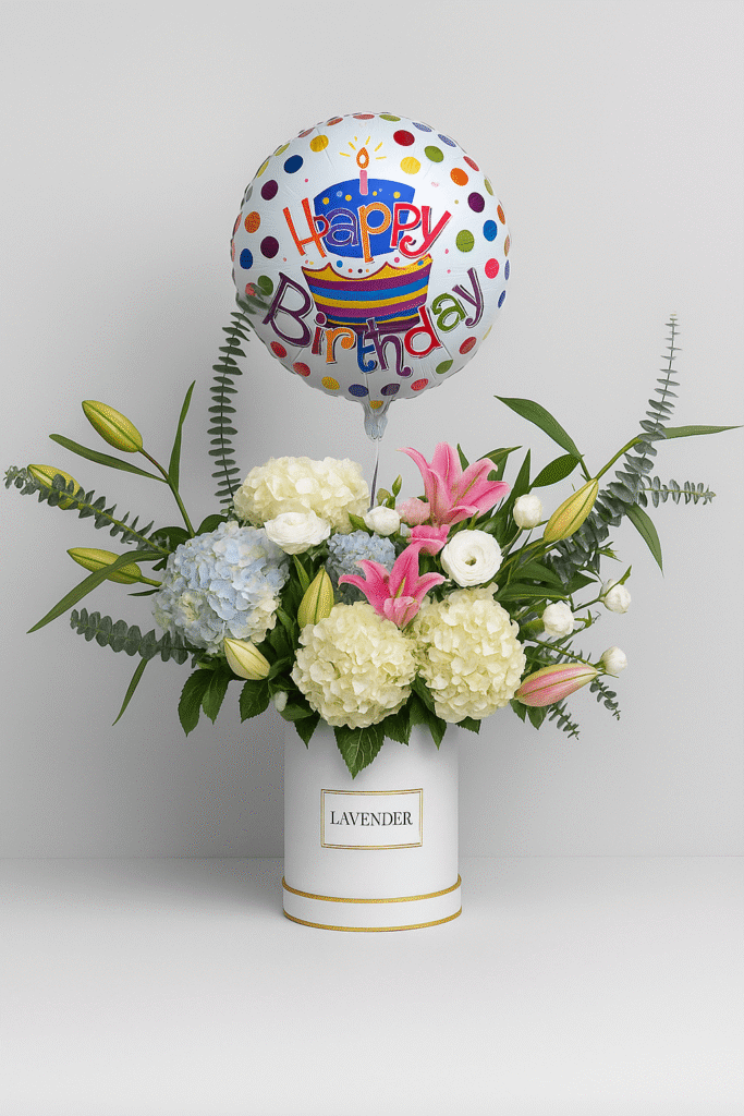Birthday Flower Box with Balloon | Luxury Lilies & Hydrangeas UAE